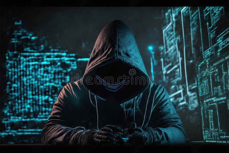 Hacker with Hood and Mask Sitting Next To Computer.Generative AI Stock ...