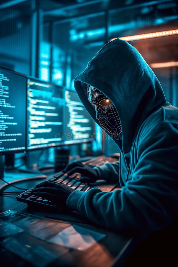 A Hacker in a Hood and Mask Steals Data from a Computer in a Dark Room ...
