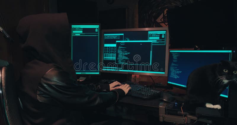 Hacker in a Hood Sits in Front of Computer Screens and Hacks Databases ...