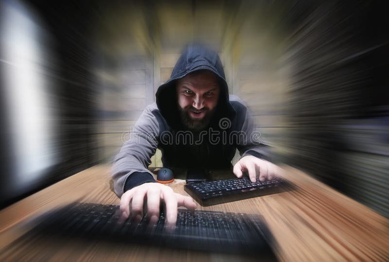 The Hacker in the Hood Sits and Works Stock Image - Image of night ...