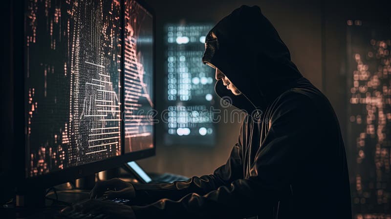 Hacker in Hood Stealing Data from Computer Monitors in the Server Room. Stock Illustration ...
