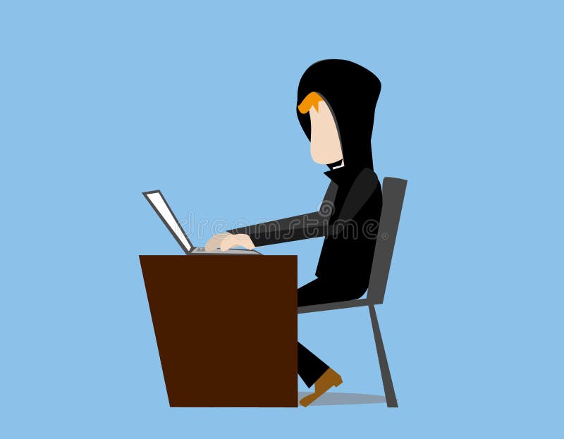 Hacker in Hood Using His Laptop Computer Stock Vector - Illustration of ...