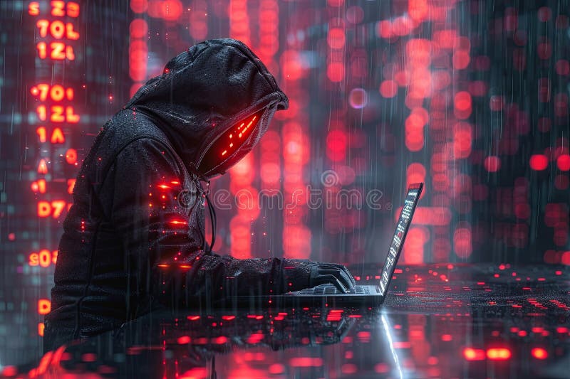 Hacker in a Hood Using a Laptop, Coding and Data on a Code Background. Digital Symbols and ...