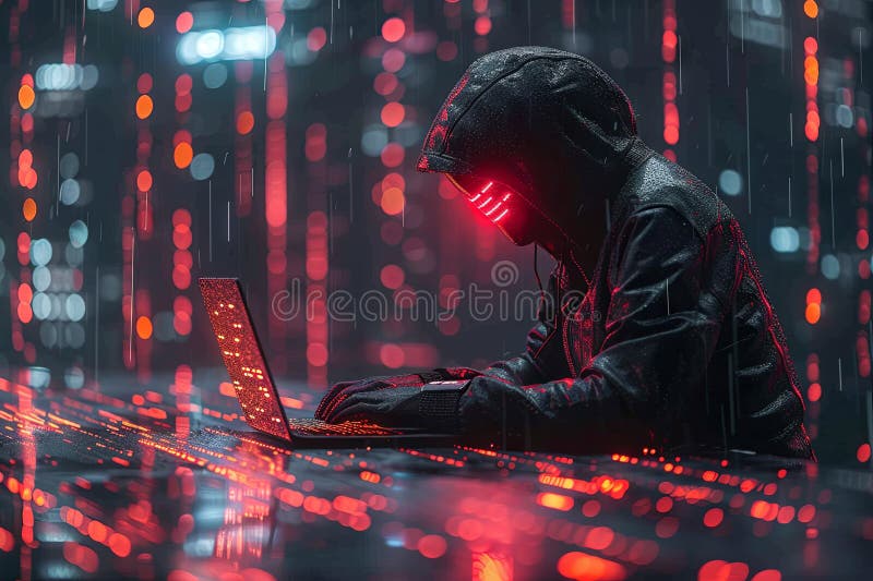 Hacker In A Hood Using A Laptop Coding And Data On A Code Background Digital Symbols And