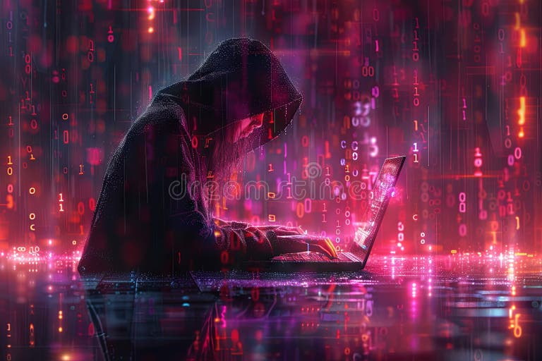 Hacker in a Hood Using a Laptop, Coding and Data on a Code Background ...
