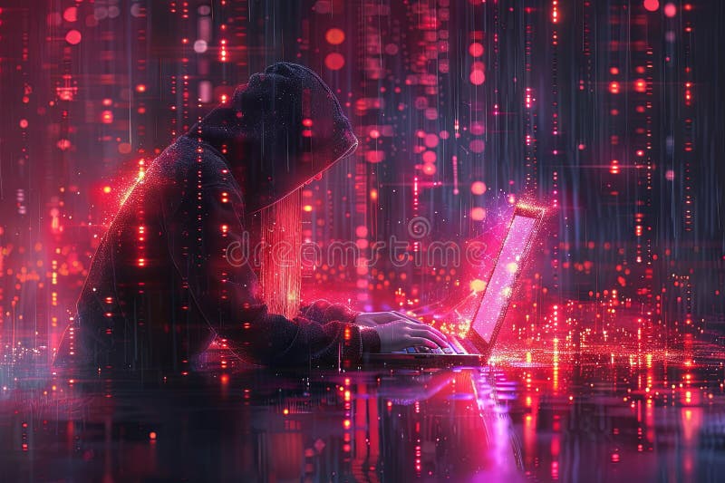 Hacker In A Hood Using A Laptop Coding And Data On A Code Background