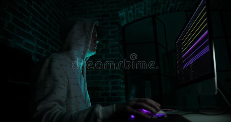 Hacker in the Hood Working with Computer Typing Text in Dark Room. Image with Effect. Newest ...
