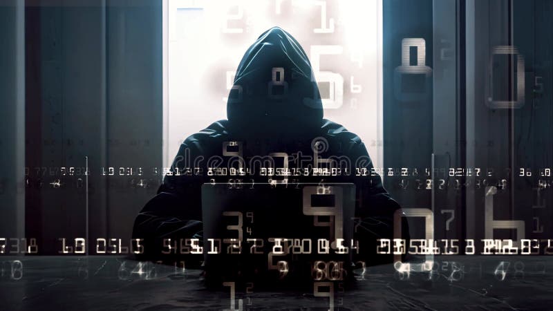 Hacker in Hood Working in Dark Abstract Room Laptop Keyboard Typing ...