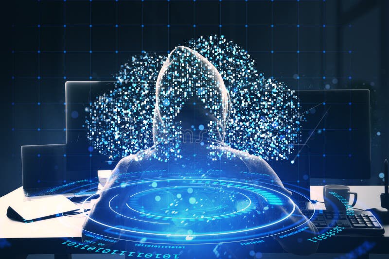 Hacker Hooded Figure Digital Interface Binary Data Glowing Cyber Network Background Stock Photos ...