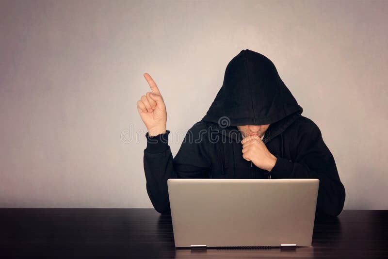 Hacker with His Computer Thinking on Light Blue Background, Monk Hermit ...