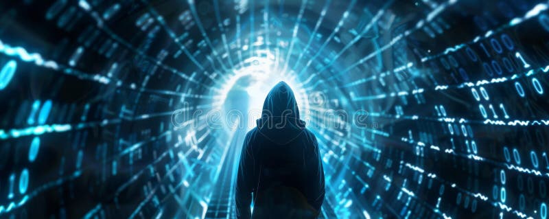 Hacker in Hooded Jacket in Digital Tunnel, Blue Binary Code Background. Cybersecurity and ...