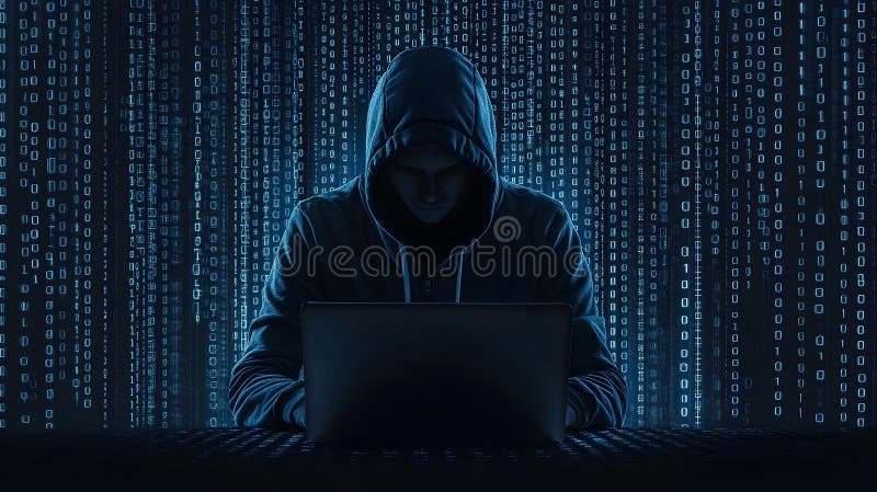 Hacker in a Hooded Jacket Sitting at Laptop Stock Illustration ...
