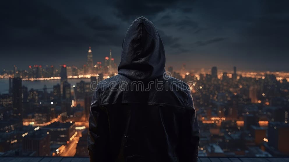 A Hacker in a Hooded Jacket Standing in Front of a Cityscape ...