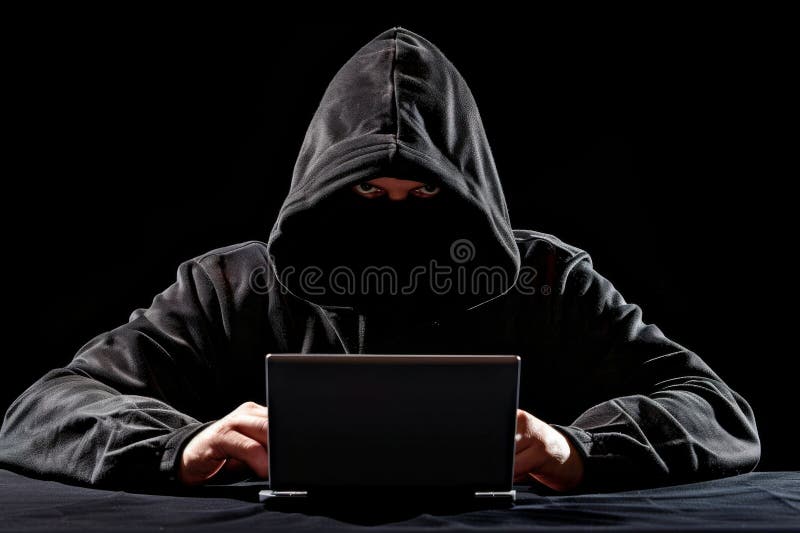 Hacker in Hooded Jacket Using Laptop in Dark Room Stock Illustration ... Hacker in Hooded Jacket Using Laptop in Dark Room Stock Illustration ...