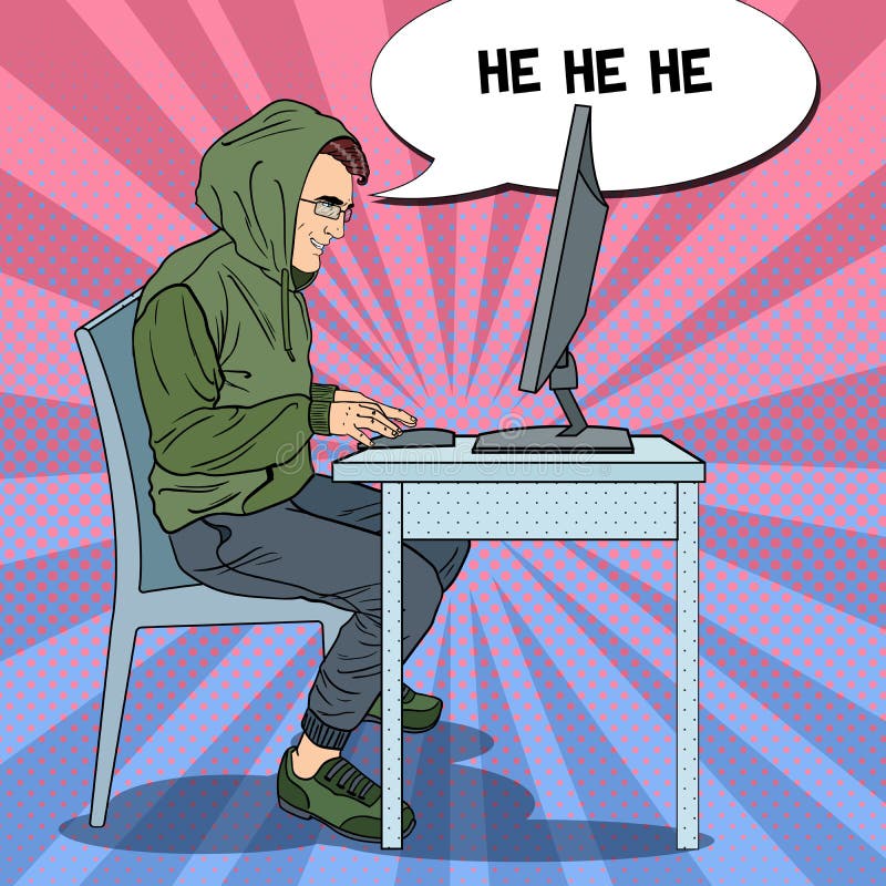 Hacker Hooded Man Stealing Data from Computer. Cyber Attack. Pop Art ...