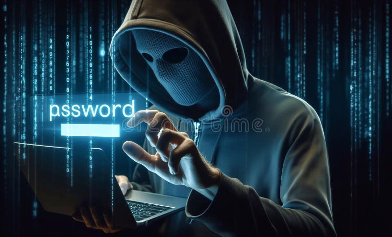 A Hacker in a Hooded Sweatshirt, Grabs the Word Password on a Computer ...