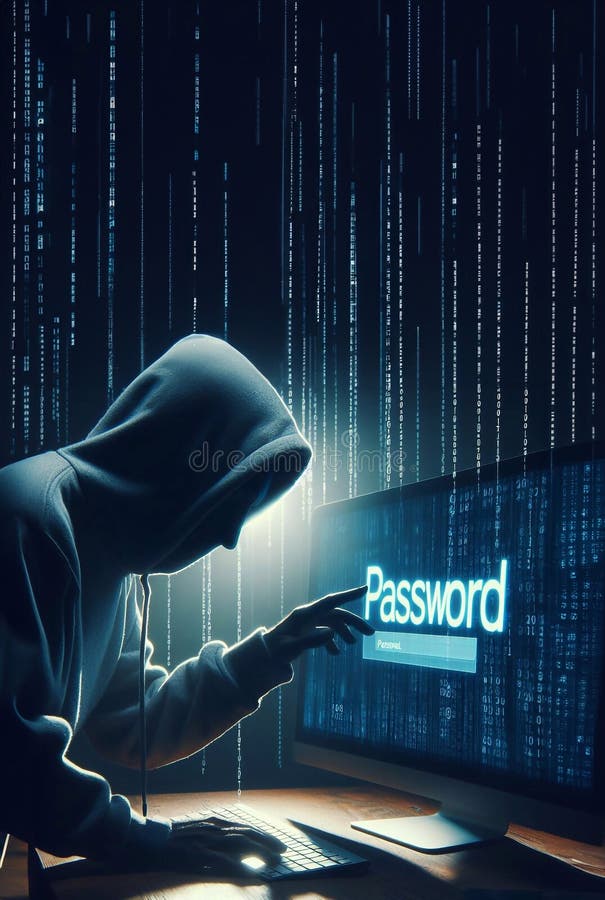 A Hacker in a Hooded Sweatshirt, Grabs the Word Password on a Computer ...