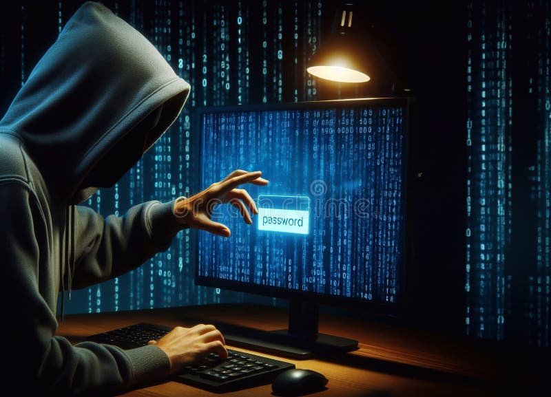 A Hacker in a Hooded Sweatshirt, Grabs the Word Password on a Computer ...