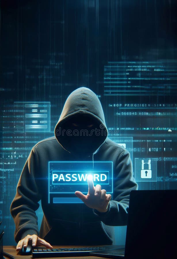 A Hacker in a Hooded Sweatshirt, Grabs the Word Password on a Computer ...