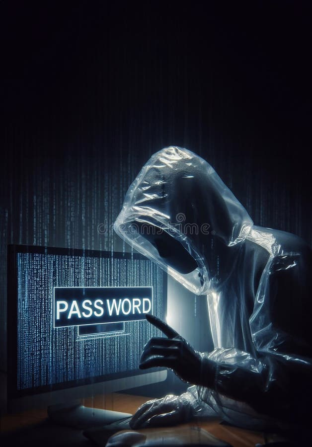 A Hacker in a Hooded Sweatshirt, Grabs the Word Password on a Computer ...