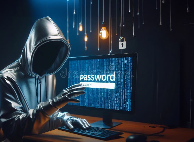 A Hacker in a Hooded Sweatshirt, Grabs the Word Password on a Computer ...