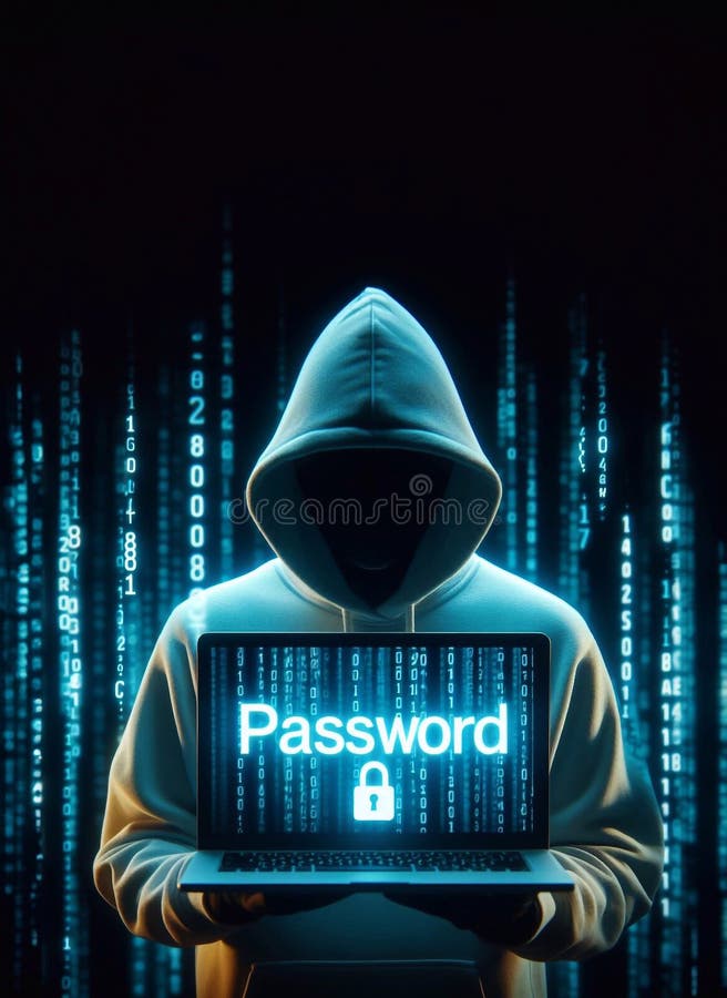A Hacker in a Hooded Sweatshirt, Grabs the Word Password on a Computer ...