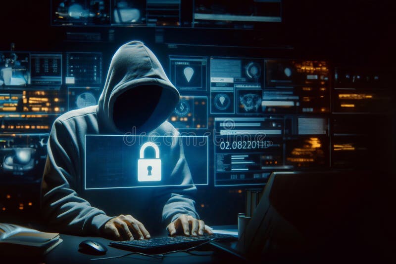 A Hacker in a Hooded Sweatshirt, Grabs the Word Password on a Computer ...