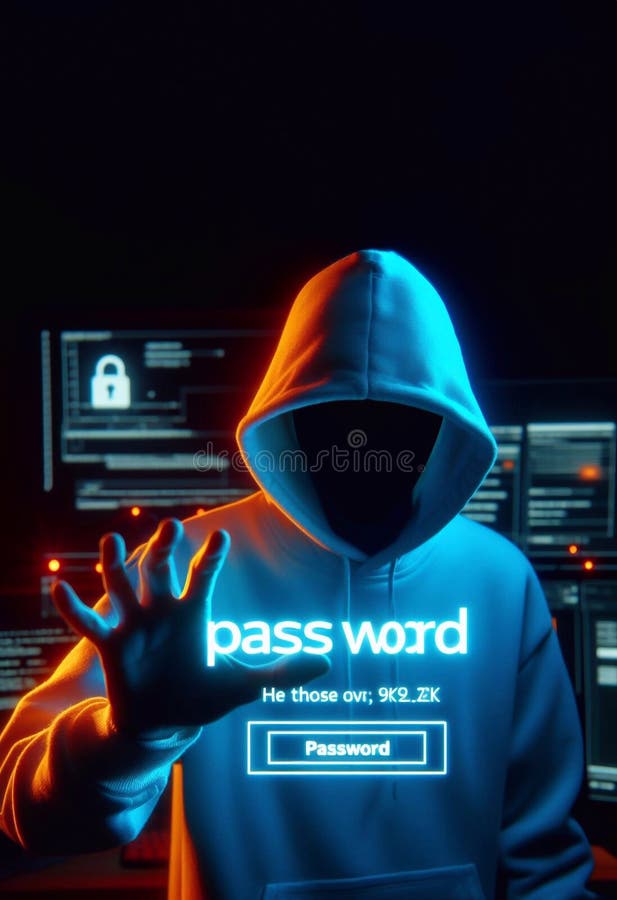 A Hacker in a Hooded Sweatshirt, Grabs the Word Password on a Computer ...