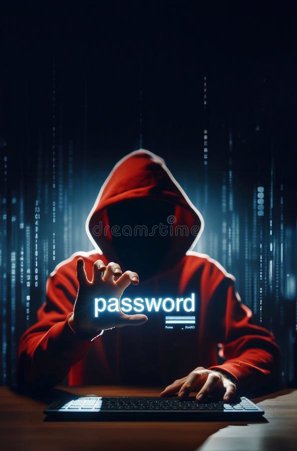 A Hacker in a Hooded Sweatshirt, Grabs the Word Password on a Computer ...