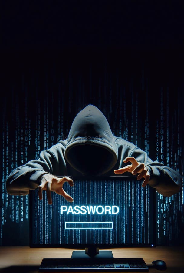 A Hacker in a Hooded Sweatshirt, Grabs the Word Password on a Computer ...