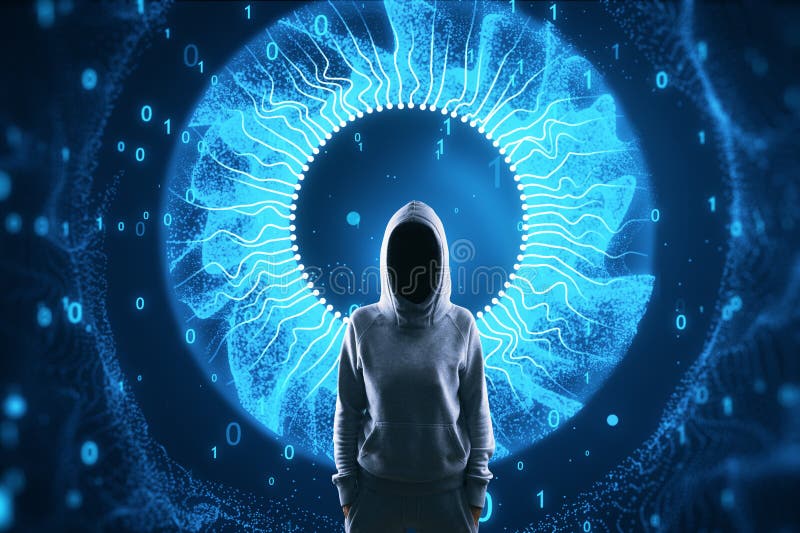 Hacker in Hoodie with Abstract Digital Eye Iris on Blurry Tech ...