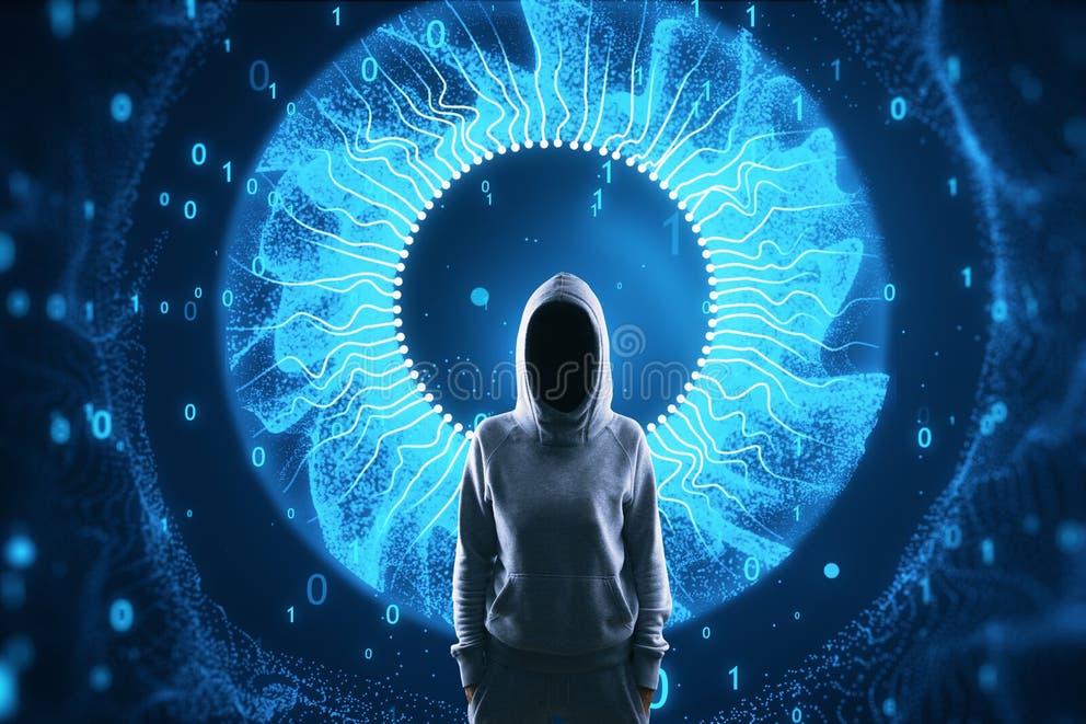 Hacker in Hoodie with Abstract Digital Eye Iris on Blurry Tech ...