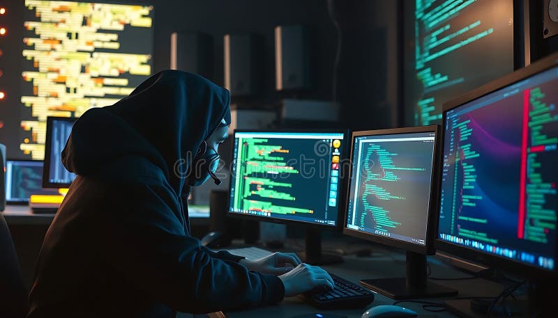 Hacker in Hoodie at Computer, Cybersecurity and Coding Concept, Stock Photo, Generative AI Stock ...