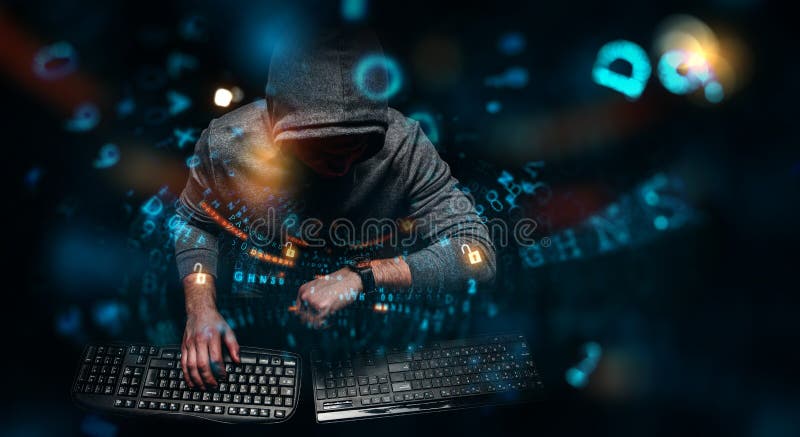 Hacker In Hoodie Dark Theme Stock Image - Image of haker, digital ...