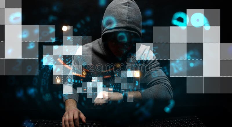 Hacker in Hoodie Dark Theme Stock Image - Image of identity, crime ...