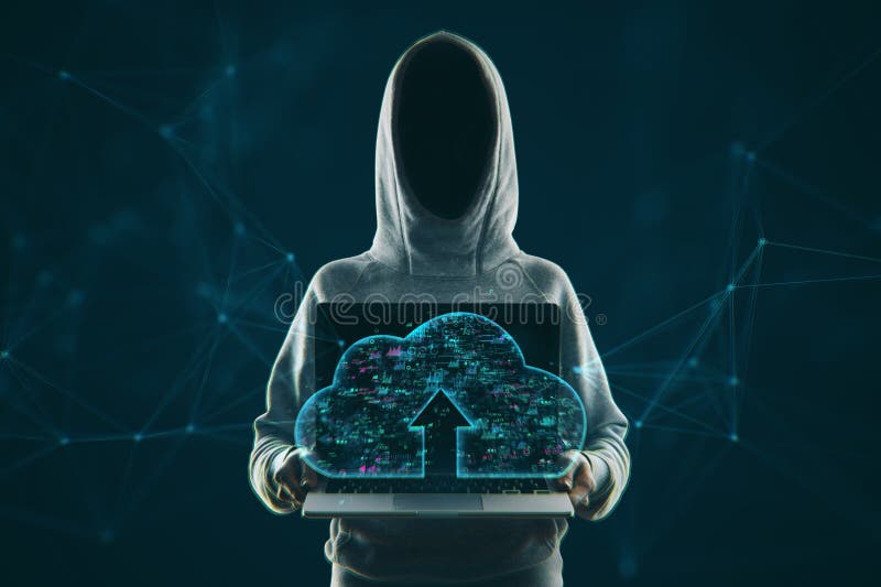 Hacker in Hoodie Holding Polygonal Cloud Icon on Laptop Screen on Dark ...