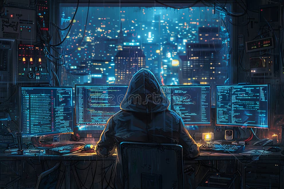 A Hacker in a Hoodie with the Hood Up, Sitting at a Computer Desk ...