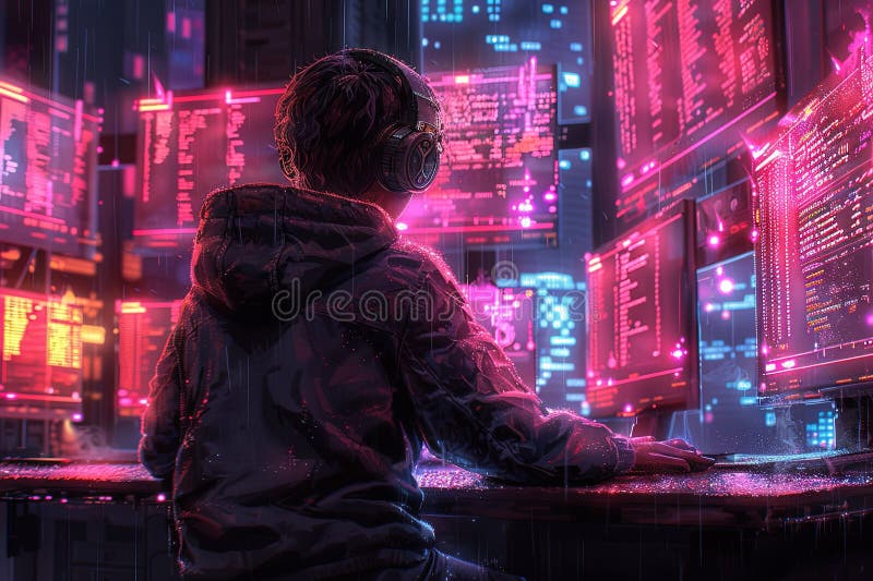 A Hacker in a Hoodie with the Hood Up, Sitting at a Desk Surrounded by ...