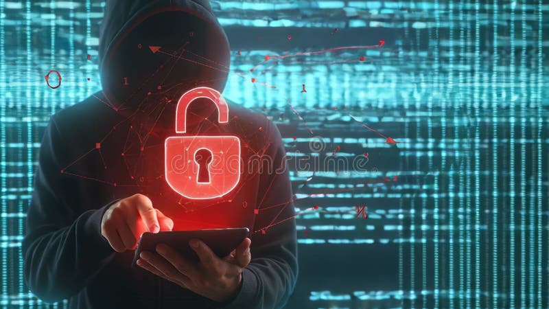 Hacker in Hoodie Interacts with Tablet Displaying Glowing Lock Symbol ...