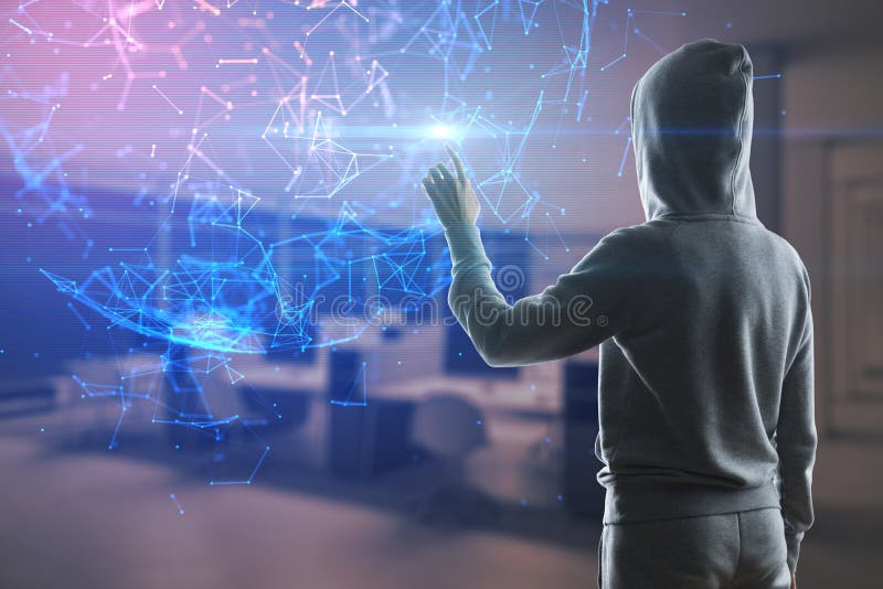 Hacker in Hoodie Pointing at Abstract Glowing Polygonal Sphere on ...