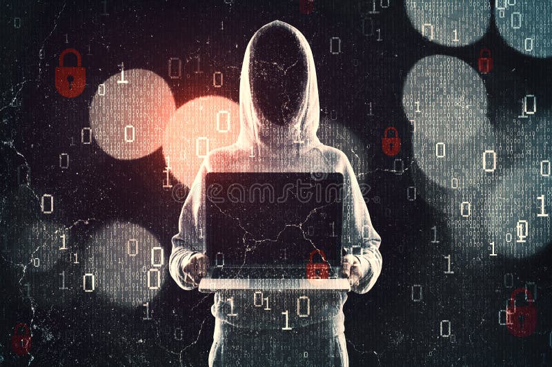 Hacker in Hoodie Showing Laptop while Standing on Abstract Hacking Background with Bokeh Circles ...