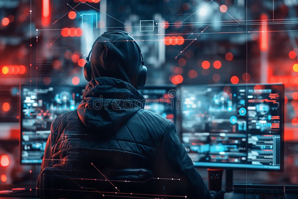 Hacker in Hoodie Sitting in Front of Computer Monitor with Binary Code Stock Illustration ...