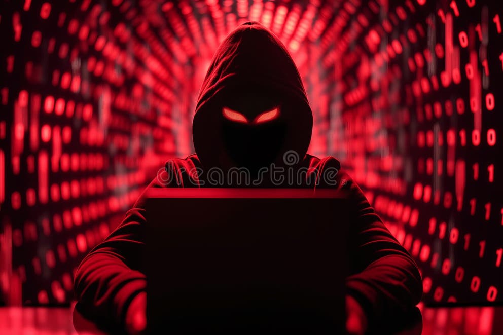 Hacker in Hoodie Sitting in Front of Computer Monitor with Binary Code Stock Photo - Image of ...