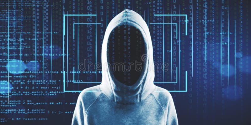 Hacker in Hoodie Standing on Abstract Binary Code Background with Face ...