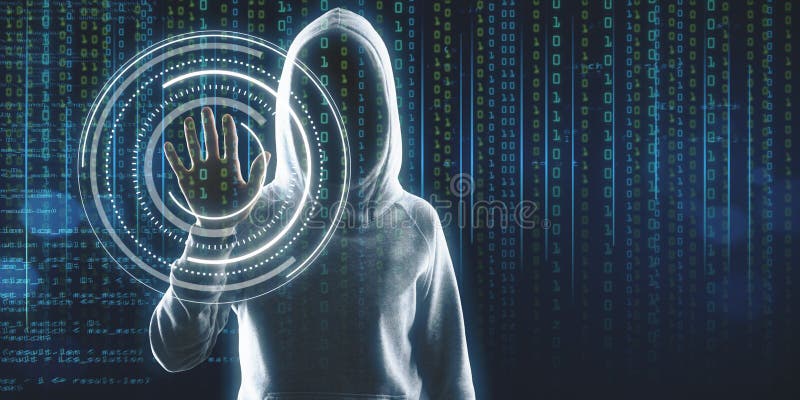 Hacker in Hoodie Standing on Abstract Binary Code Background with Face Recognition Interface and ...
