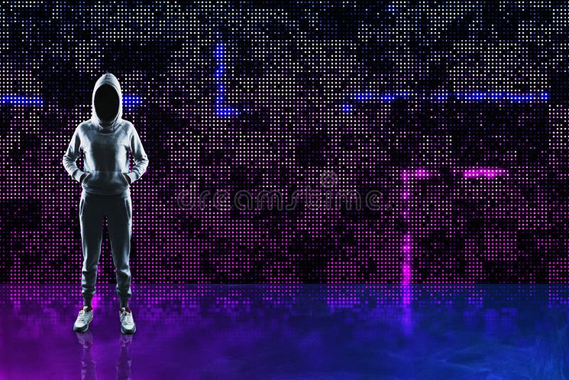 Hacker in Hoodie Standing on Abstract Pixel Wall Background. Large Led ...