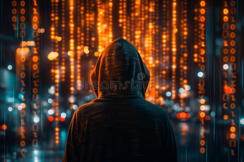 Hacker In Hoodie Standing In Front Of Binary Code Stock Image Image