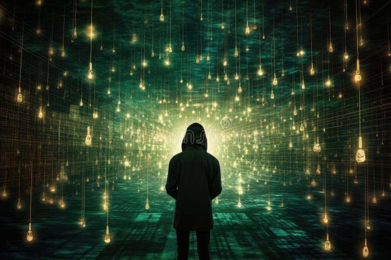 A Hacker in a Hoodie Standing in Front of a Glowing Matrix Background ...