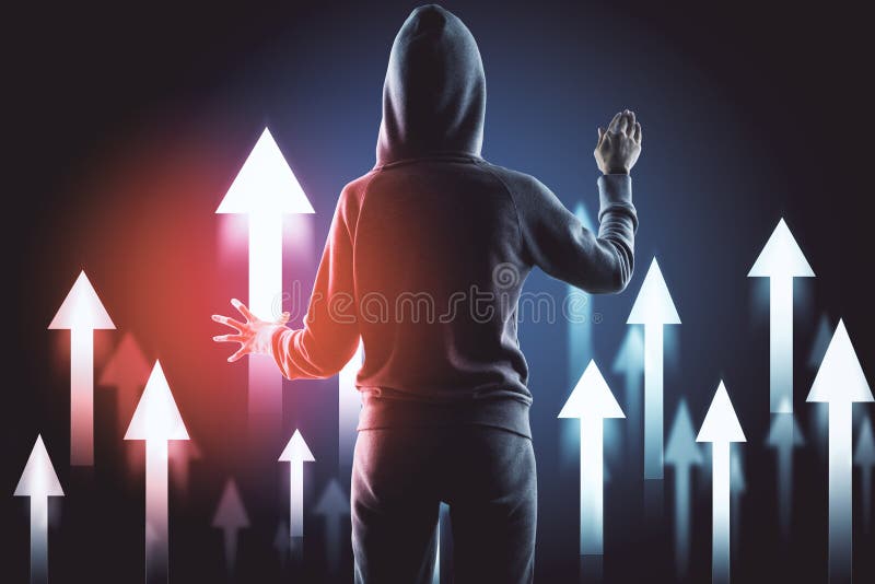 Hacker in Hoodie Using Abstract Digital Arrow Stock Photo - Image of ...
