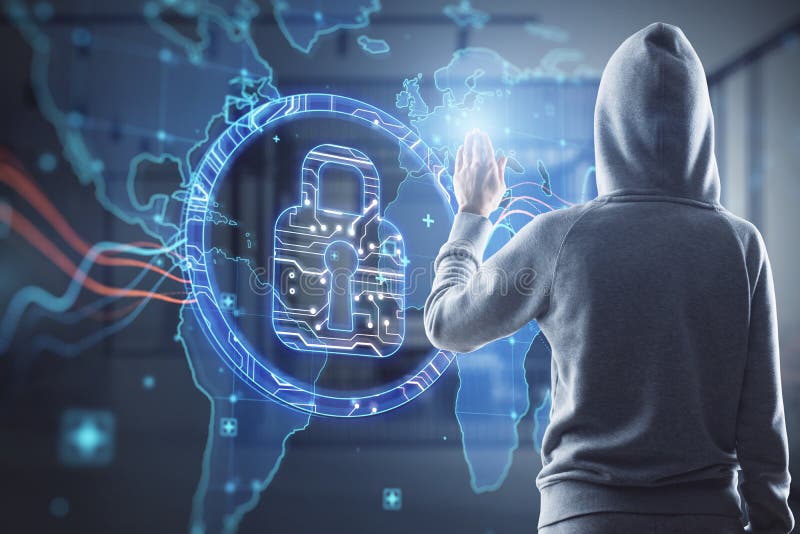 Hacker in Hoodie Using Abstract Digital Padlock and Map Hologram on ...